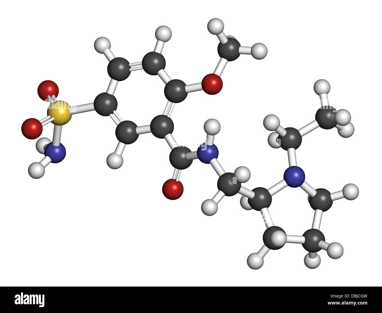 Sulpiride antipsychotic (neuroleptic) drug, chemical structure. Atoms ...