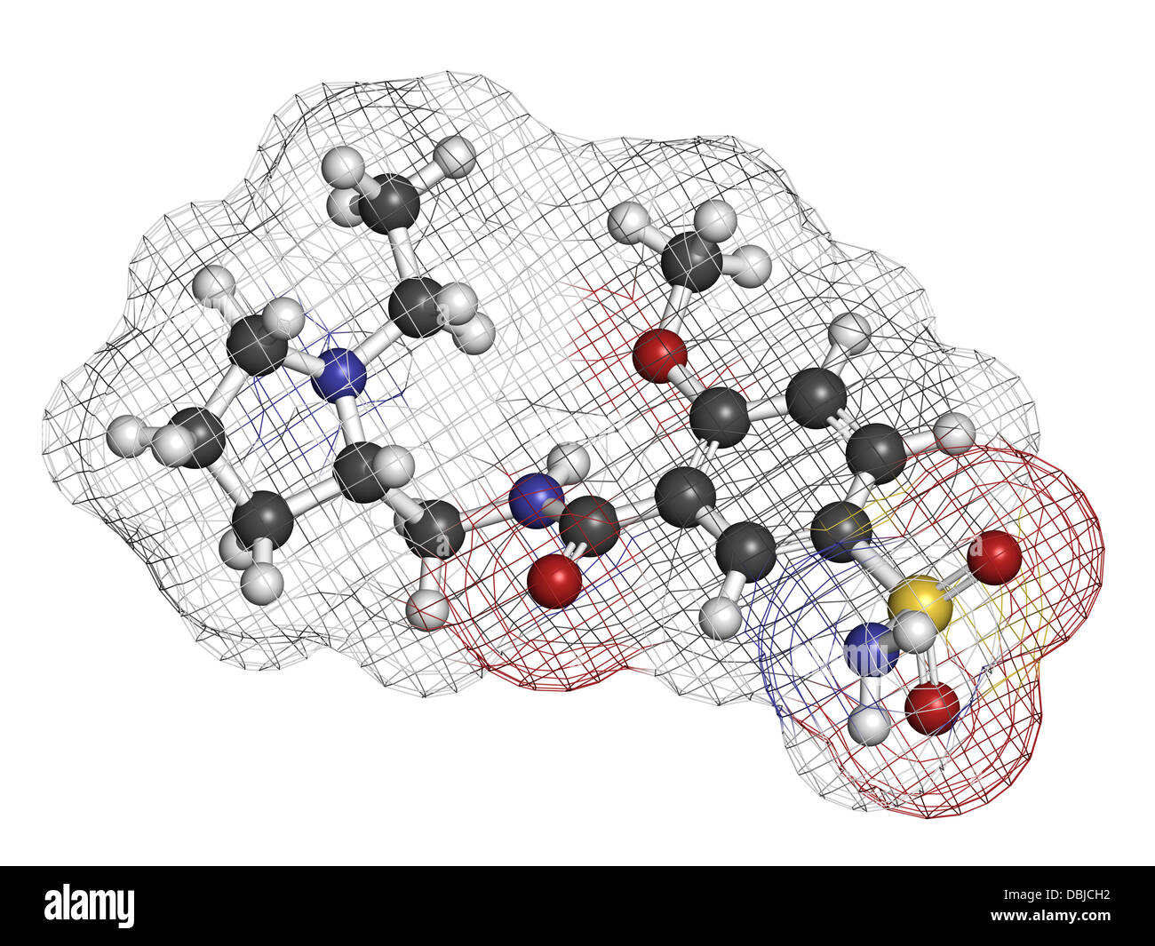 Sulpiride antipsychotic (neuroleptic) drug, chemical structure. Atoms ...