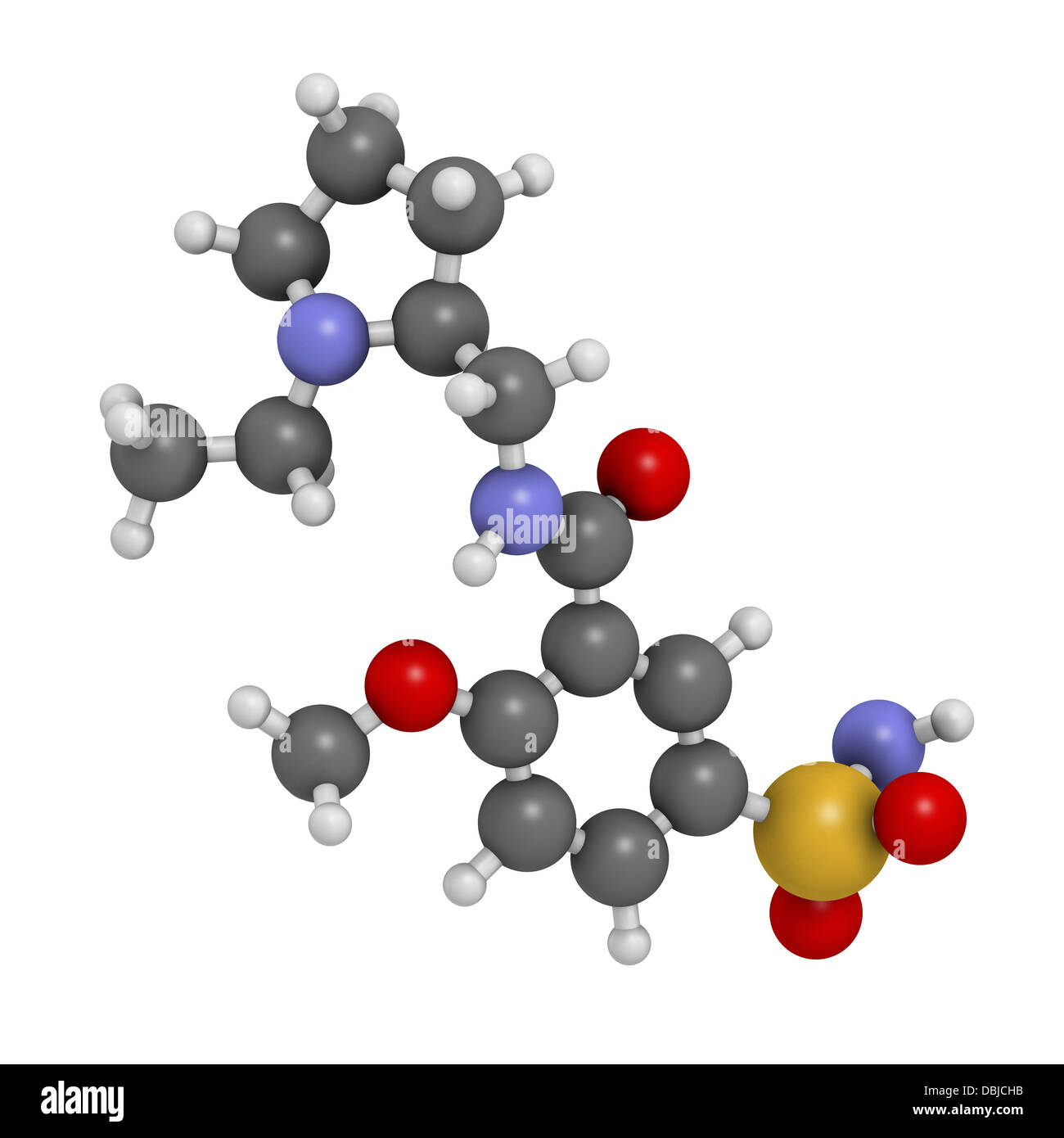 Sulpiride antipsychotic (neuroleptic) drug, chemical structure. Atoms are represented as spheres ...