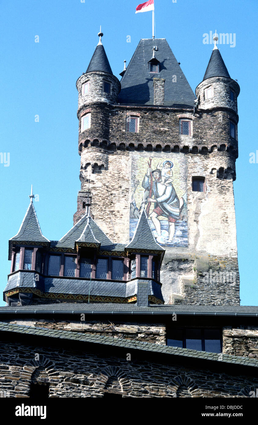 view of medieval castle and mural in Cochem Germany Stock Photo - Alamy
