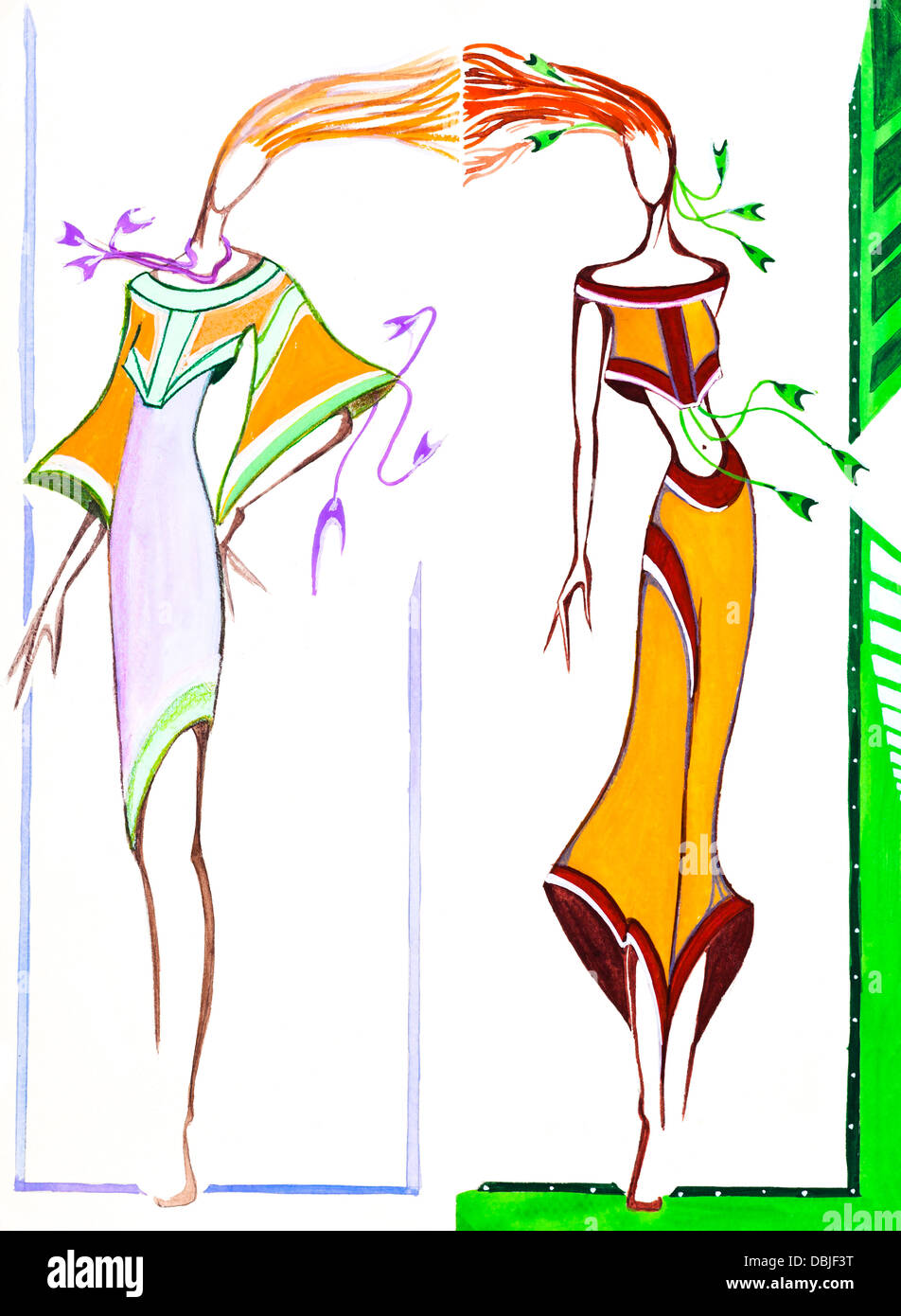 model of woman clothing - Two red-haired girls in long summer dresses ...