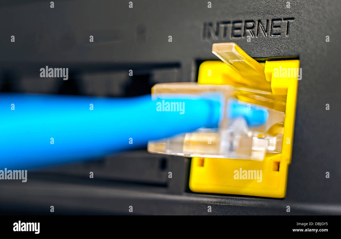 Socket for Internet connection, macro of internet and ethernet cable ...