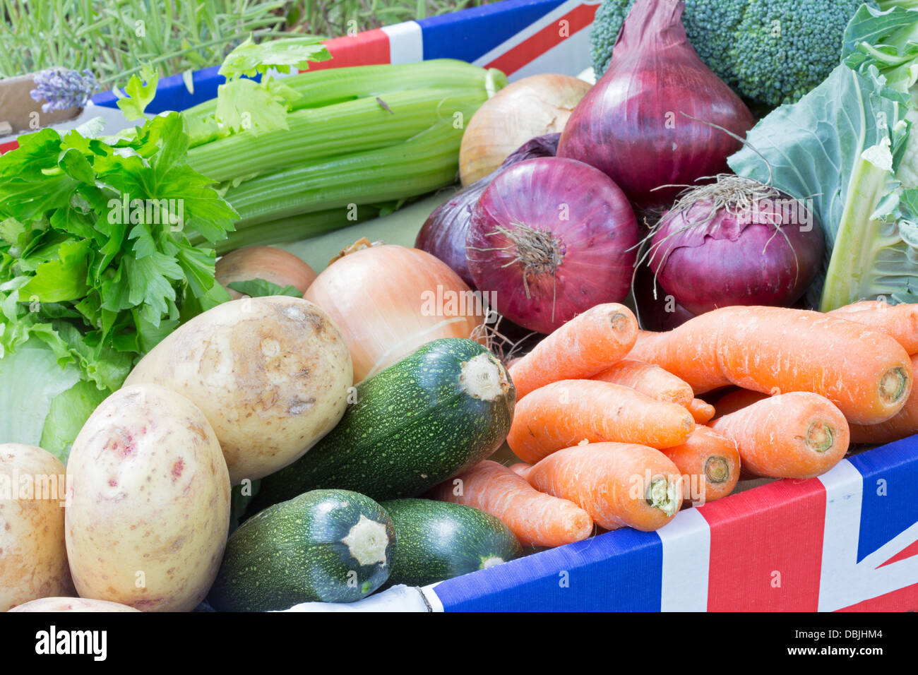 British grown vegetables in Union Jack logo box, England, UK Stock ...