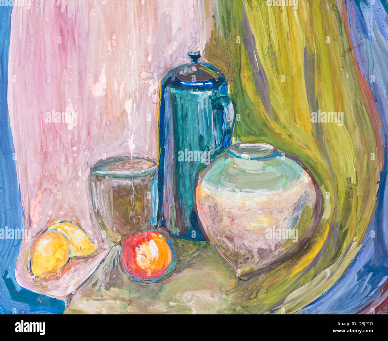 childs painting - still life with metal kettle and ceramic bowls on ...