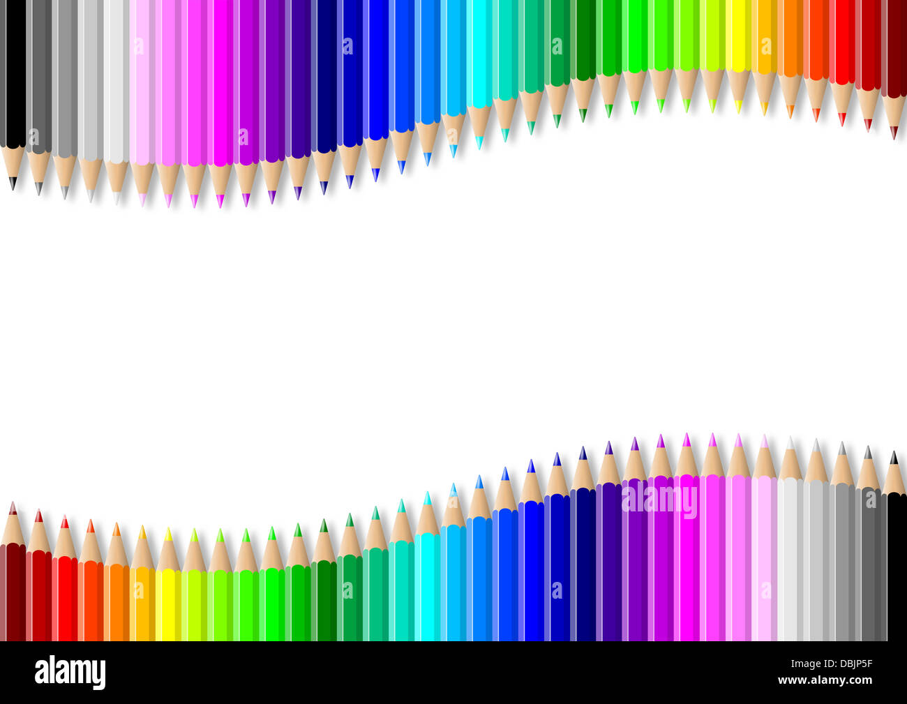 Rainbow of double colorful wavy pencils wall on empty white background ...