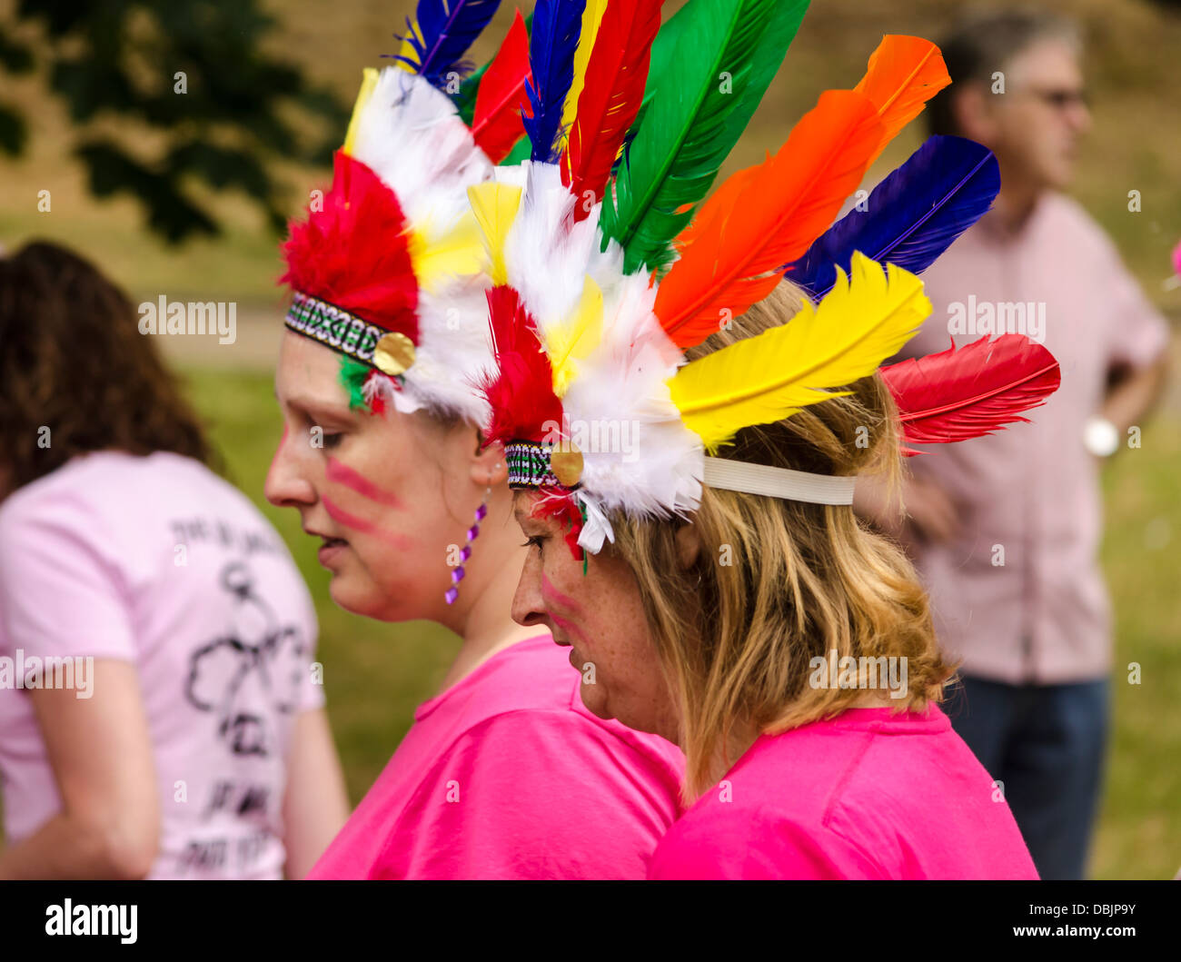 Two women in indian headdress on a race for life rasing money for ...
