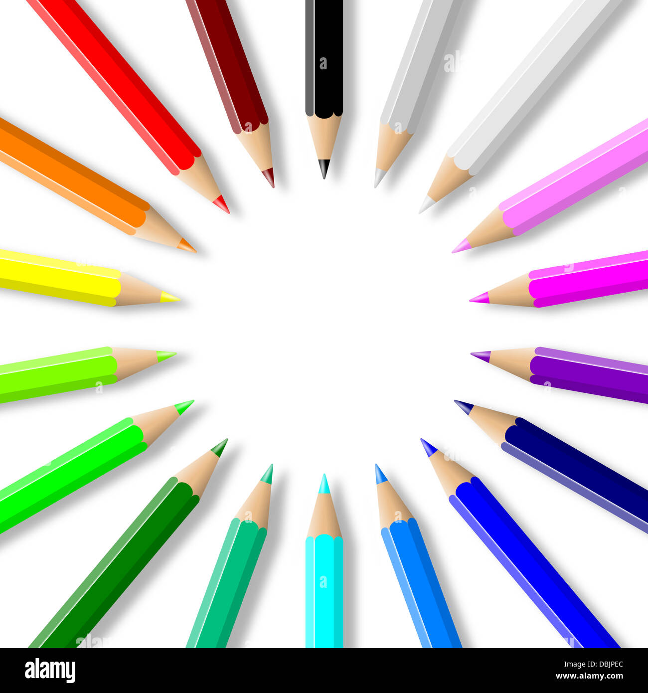 Rainbow of colorful wood pencils arranged in circle on empty white ...