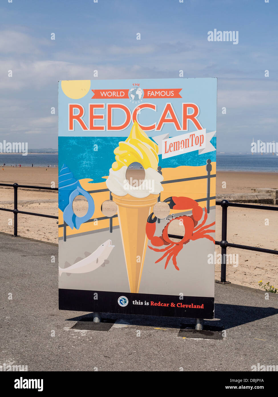 Redcar Cleveland UK sign on Esplanade featuring famous local Lemon Top ...