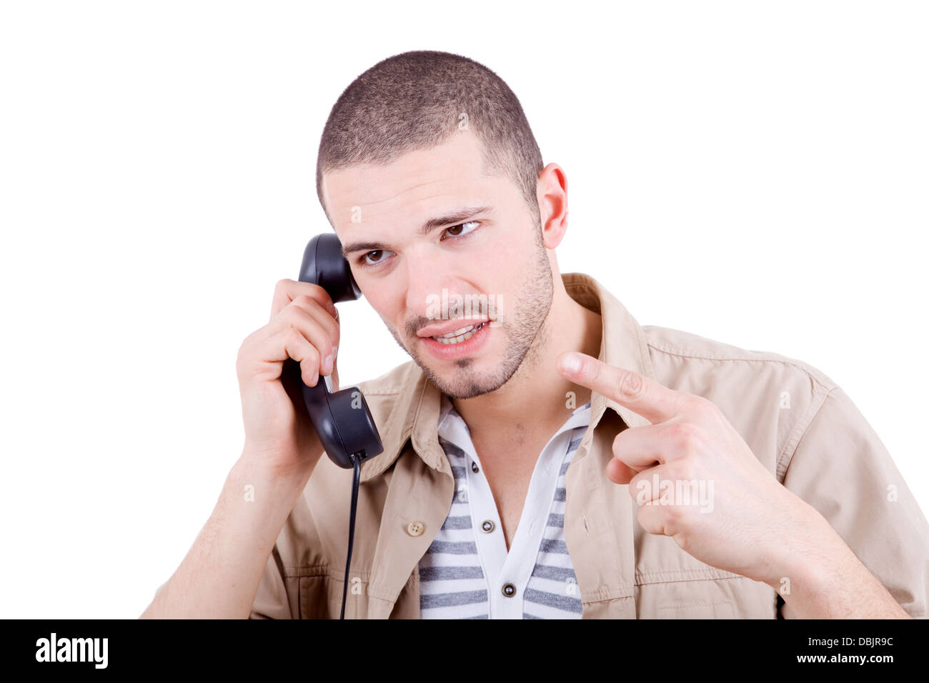 young man with a phone, isolated on white Stock Photo - Alamy