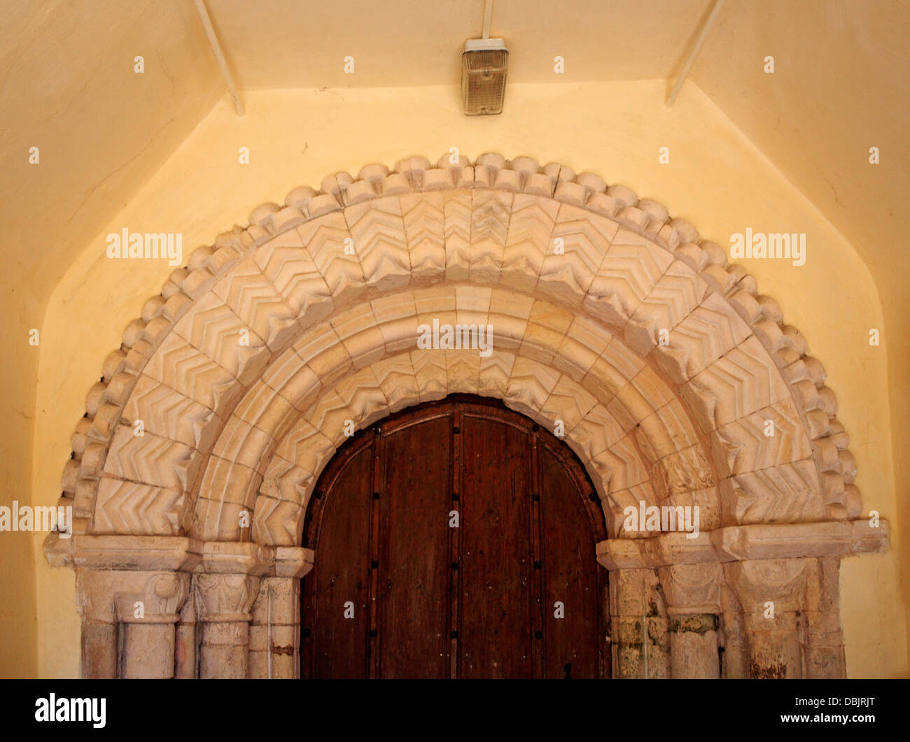 Detail of the arch of the Norman doorway at the church of St Ethelbert ...