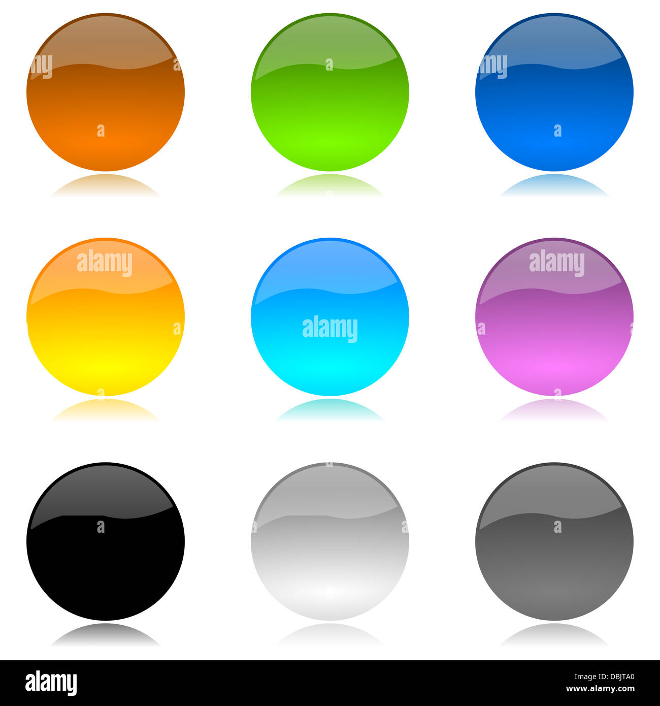 Colored and glossy rounded buttons set with reflection on white ...