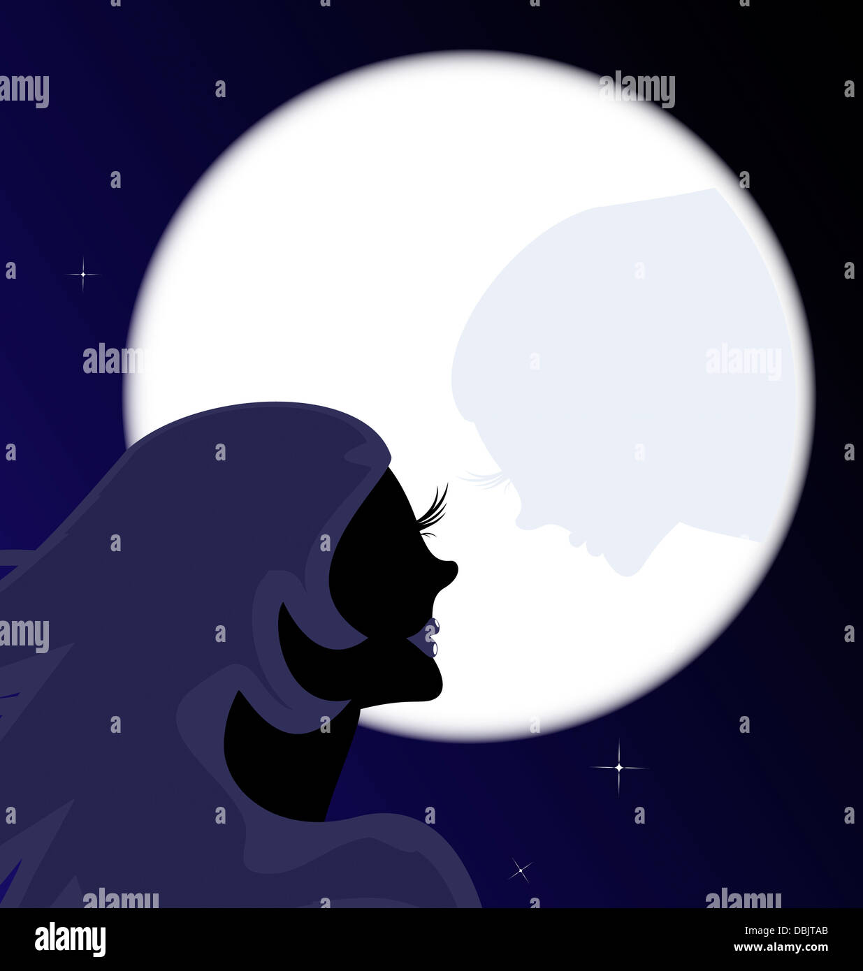 abstract black silhouette of girl and large moon with her shadow Stock ...