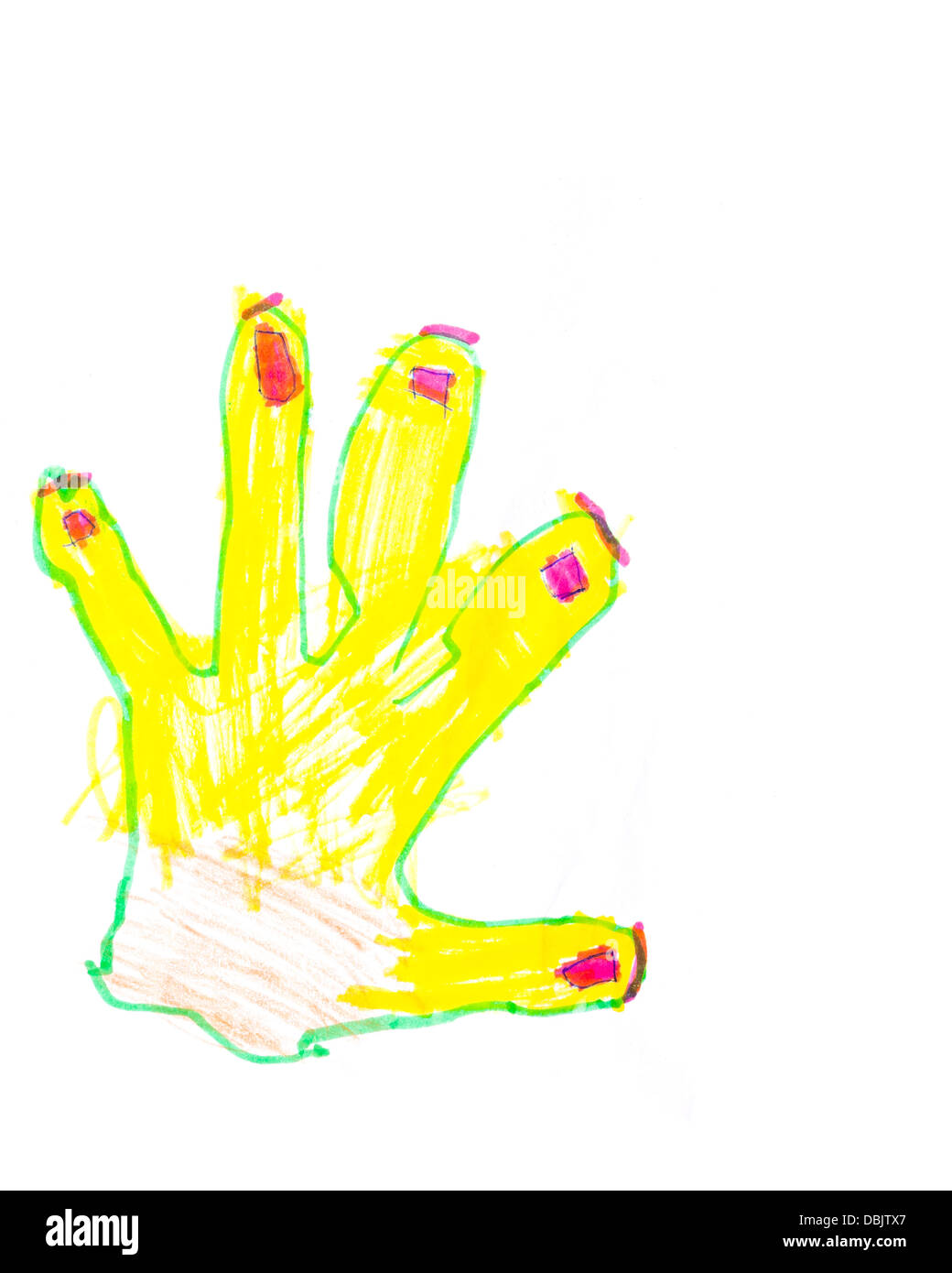 childs drawing - yellow palm with five fingers Stock Photo - Alamy