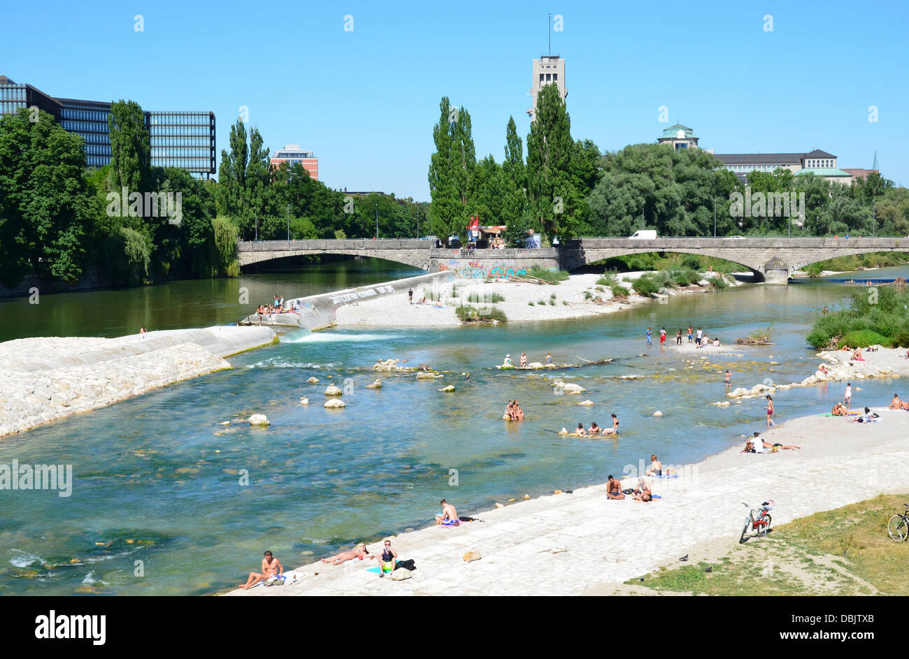 Munich Isar near Deutsches Museum summer people bathing Bavaria Germany ...