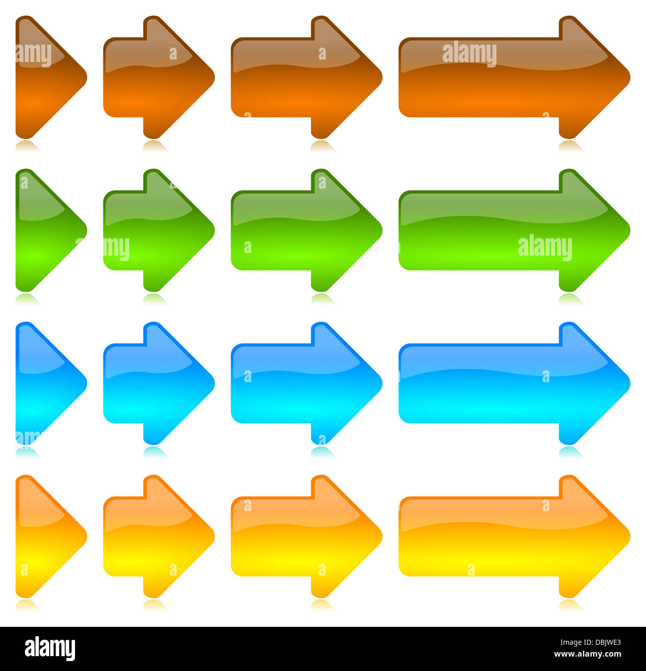Progressive colored and glossy arrows icon set with reflection on white ...