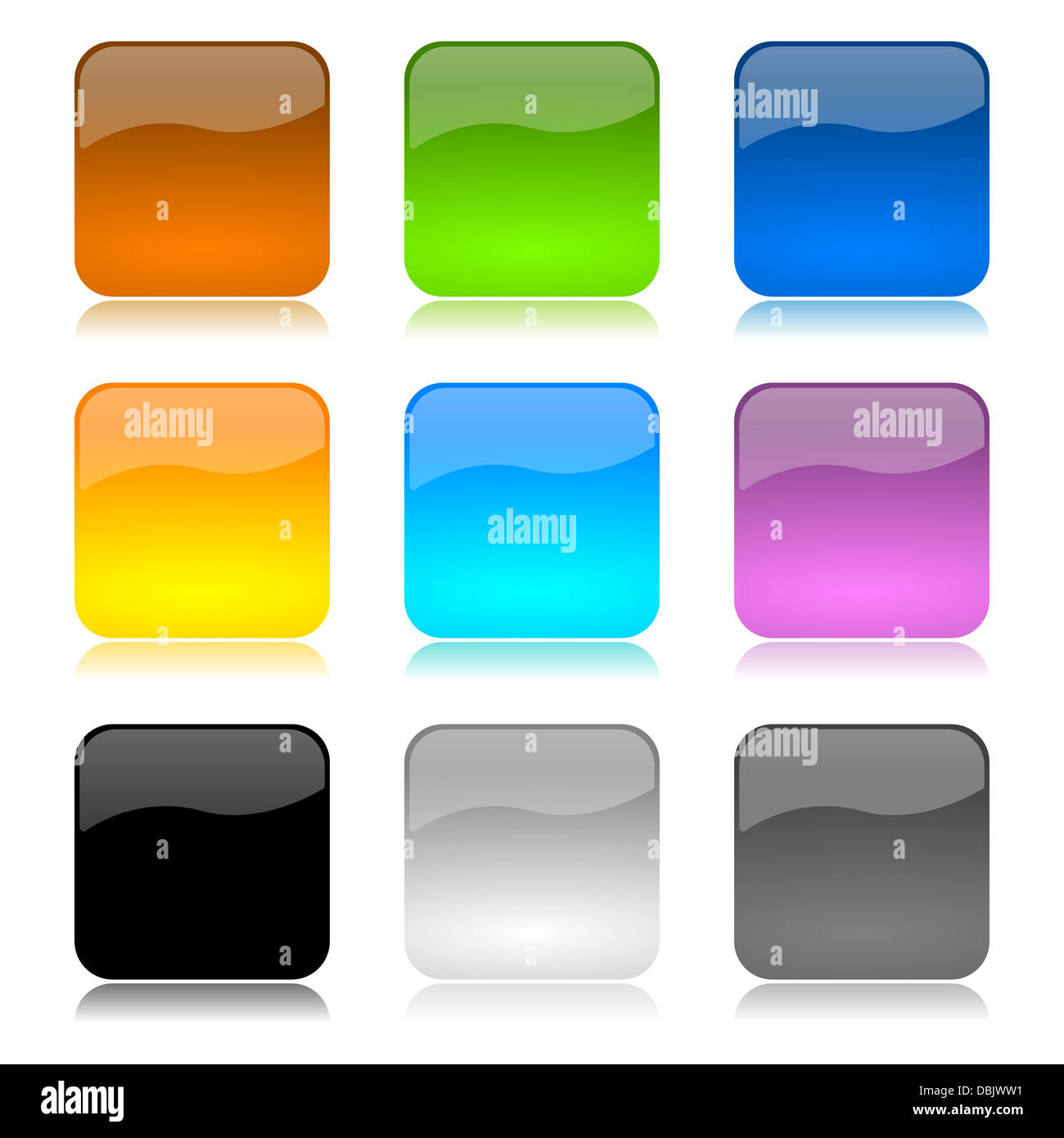 Colored and glossy app buttons set with reflection on white background ...
