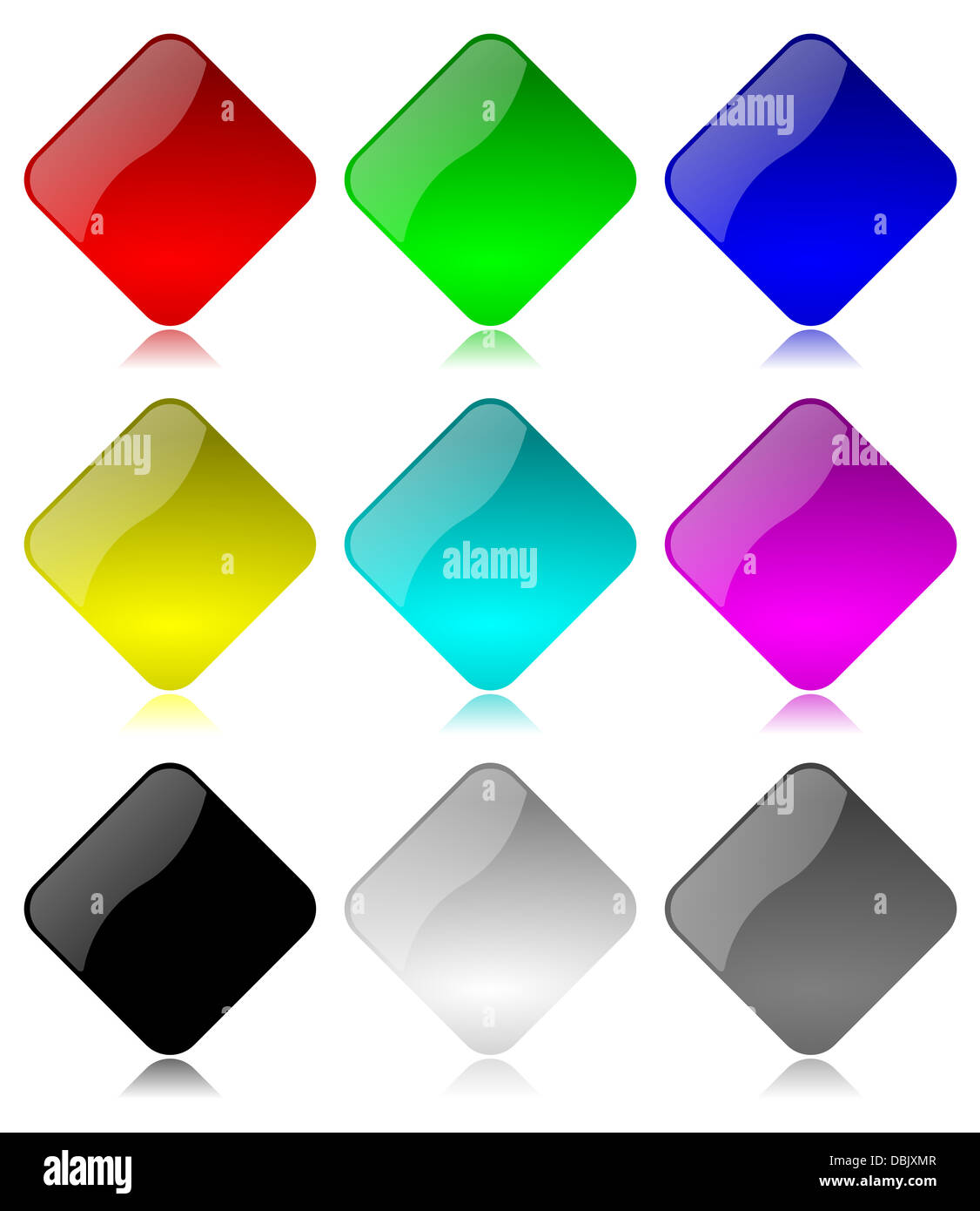 Colored and glossy rhombus buttons set with reflection on white ...