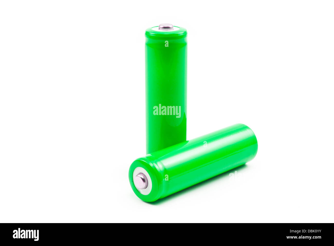 two green batteries on white background Stock Photo - Alamy