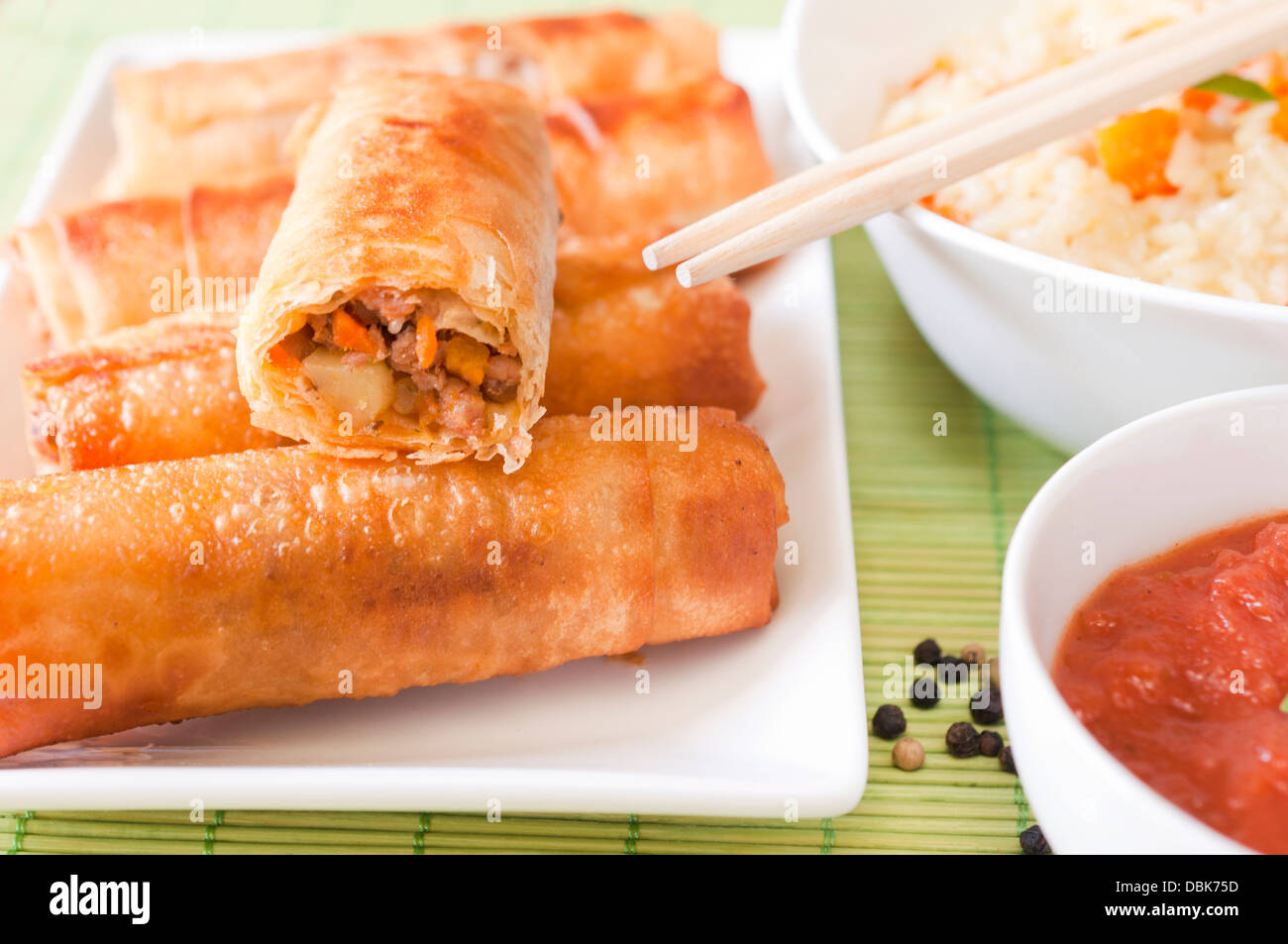 Selective focus on the Chines spring rolls on top Stock Photo - Alamy
