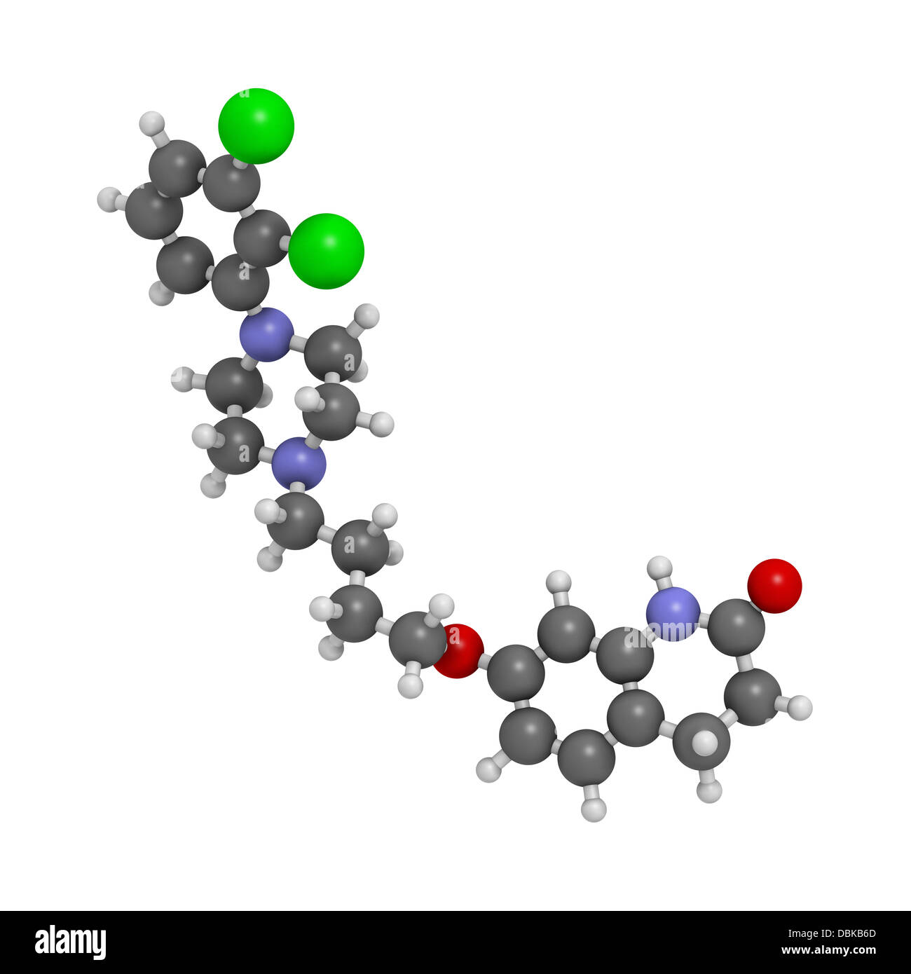 Aripiprazole antipsychotic drug, chemical structure. Atoms are ...