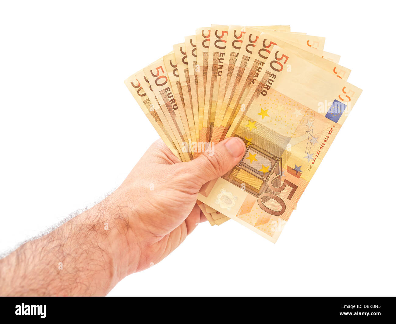Hand holding 50 euro bank notes isolated on white background Stock ...