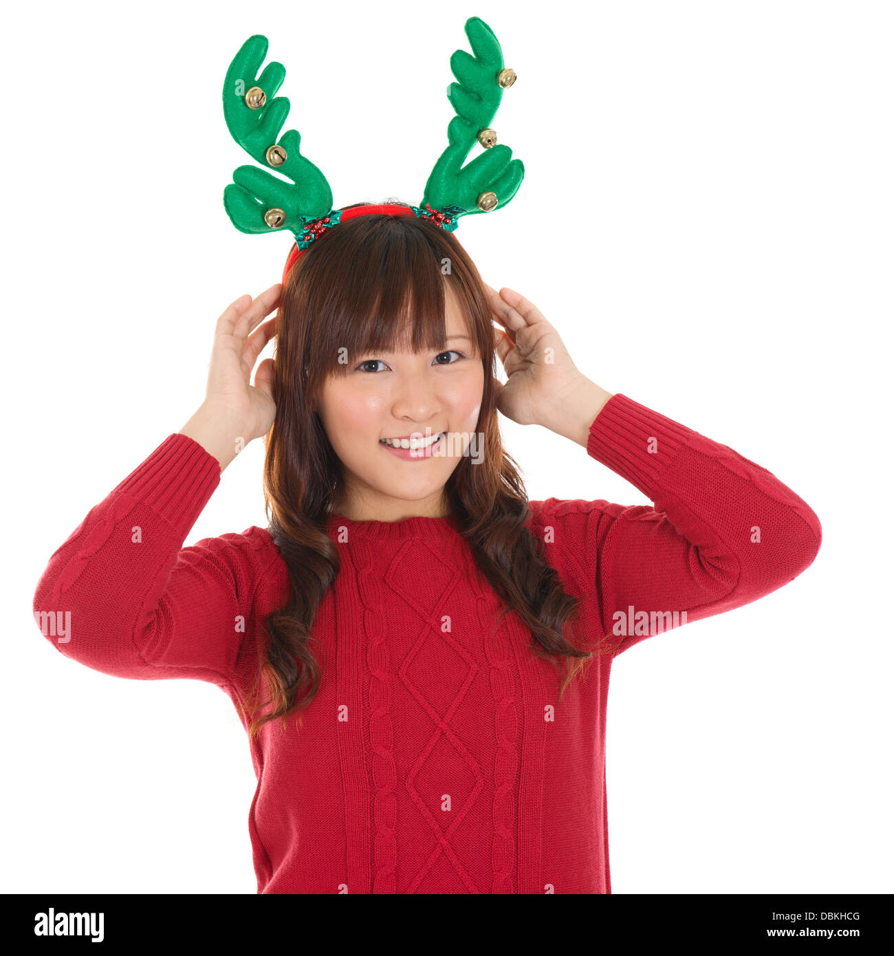 Asian Christmas Woman Wearing Reindeer Horns Christmas Woman Portrait