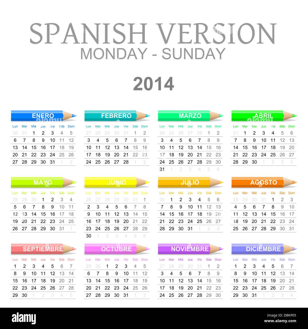 Colorful monday to sunday 2014 calendar with crayons spanish version ...