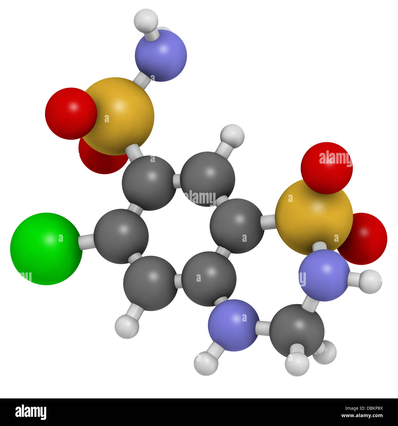 Hydrochlorothiazide diuretic drug, chemical structure. Atoms are ...