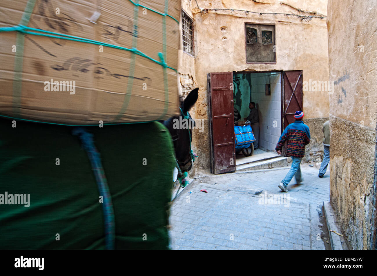 Horse carrying big and heavy boxes through the streets of Fez el Bali ...