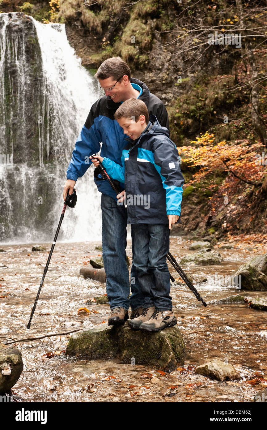 Father And Son Exploring Nature, Germany, Bavaria, Europe Stock Photo ...