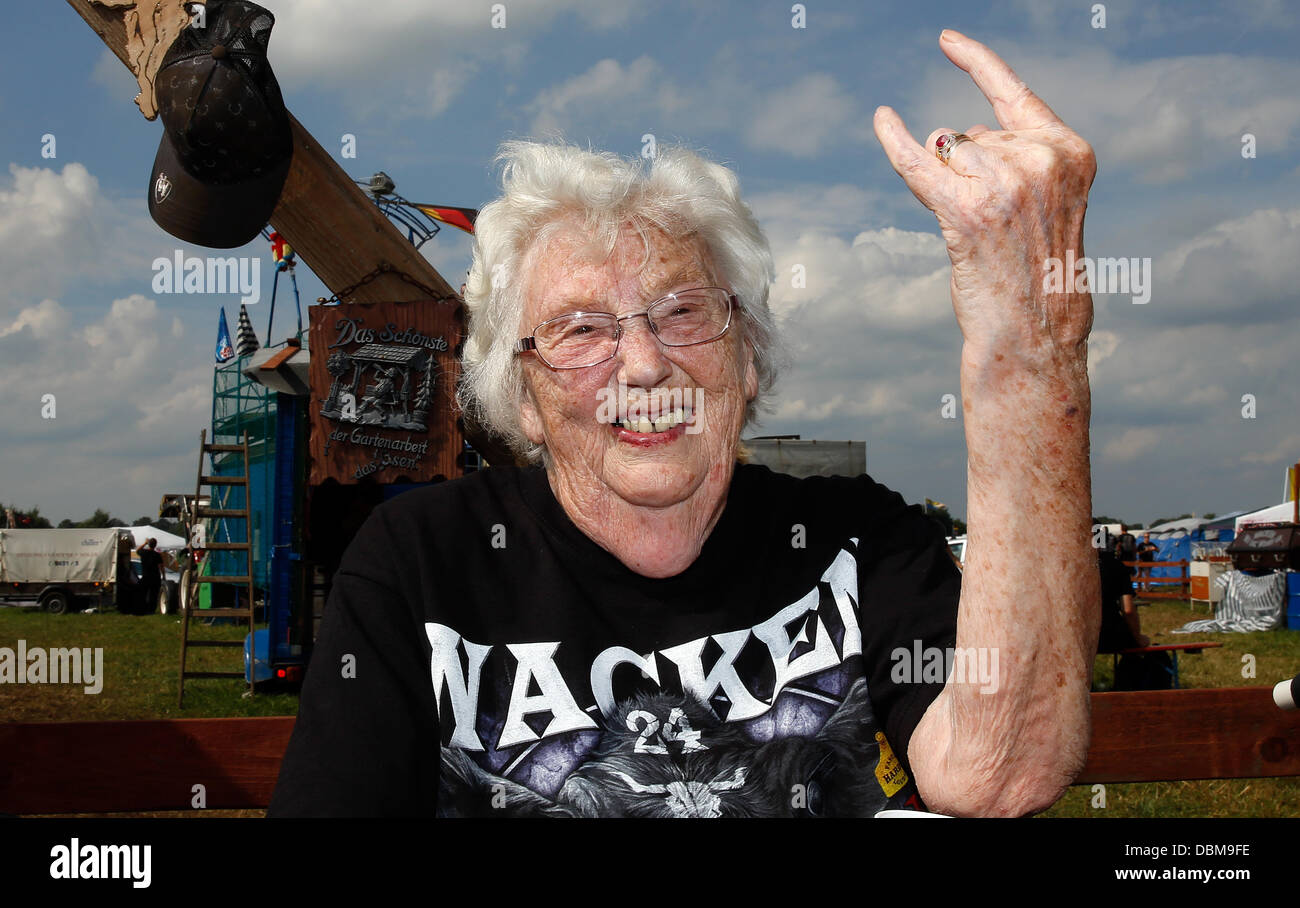 Wacken, Germany. 01st Aug, 2013. A 90 year old heavy metal fan attends ...
