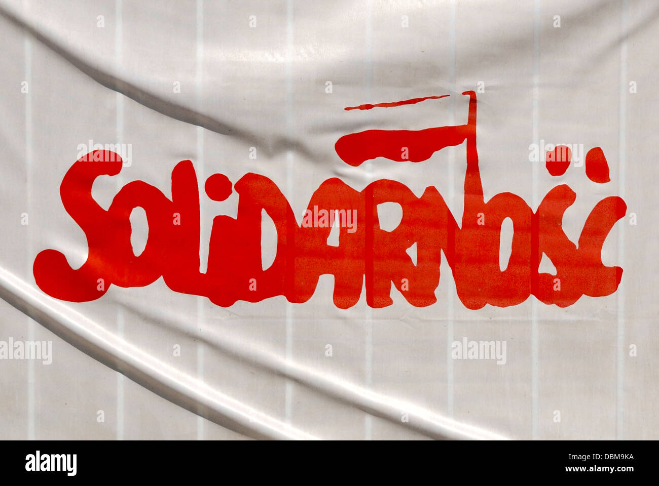 Flag of the Polish trade union Solidarnosc at the main entrance to the ...