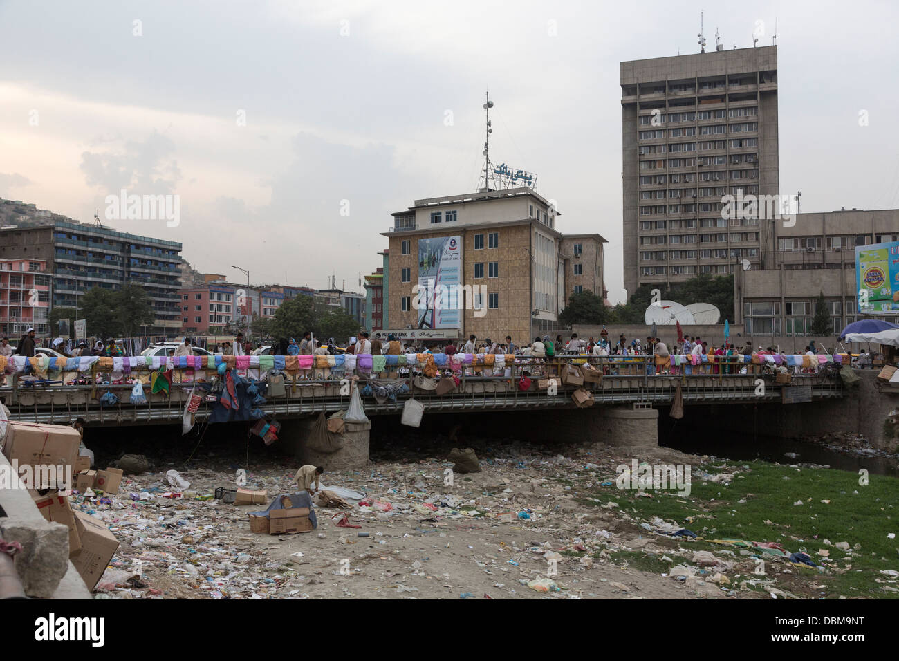 polluted Kabul river at bazaar of Pul-e-Bagh-e Omomi, central Kabul ...