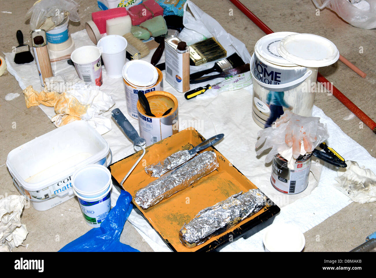 Decorating equipment and paint ready for indoor DIY project Stock Photo ...