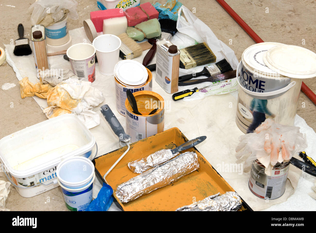 Decorating equipment and paint ready for interior DIY project Stock ...