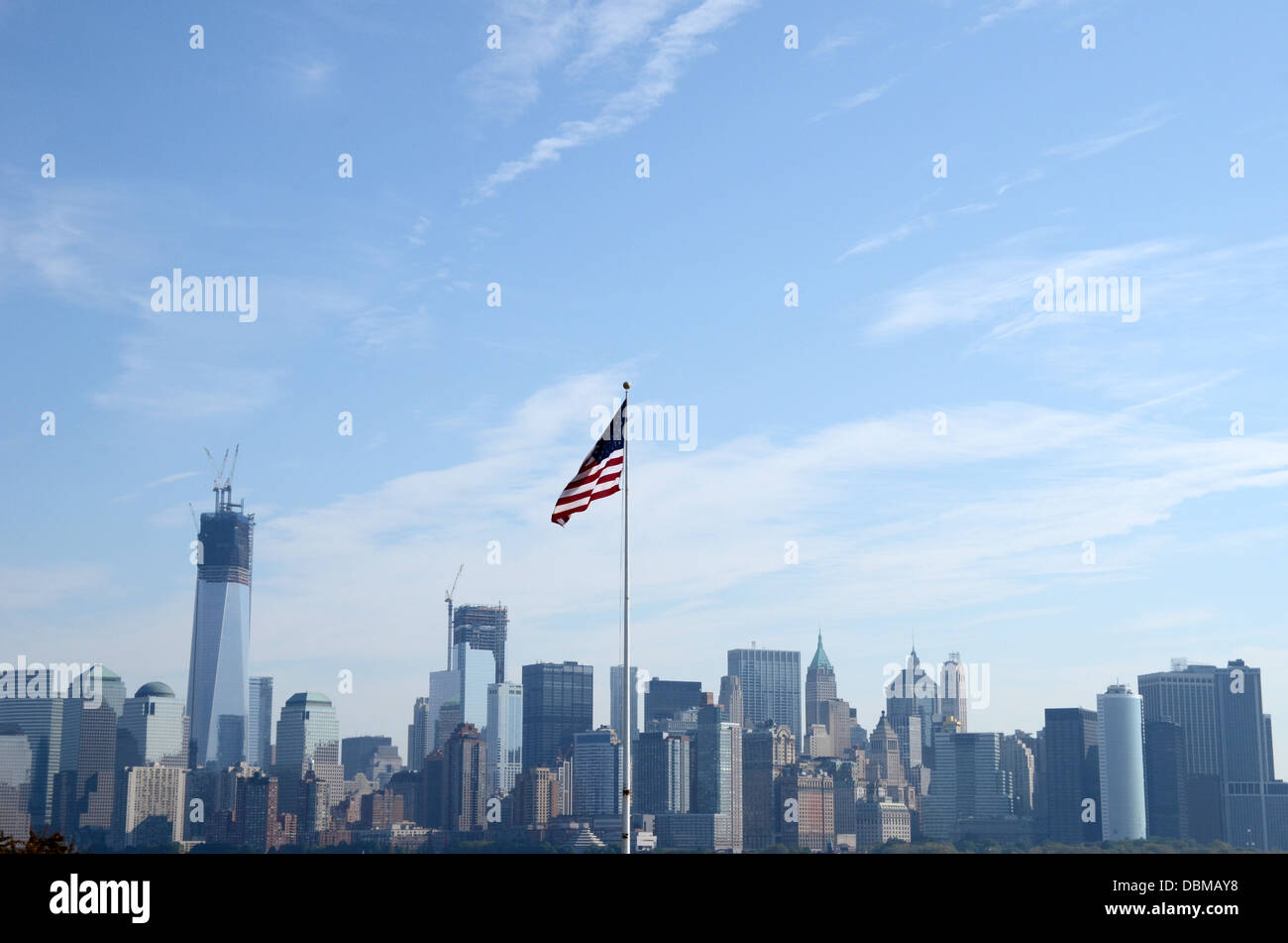 An American flag with Manhattan, New York City on the background Stock ...