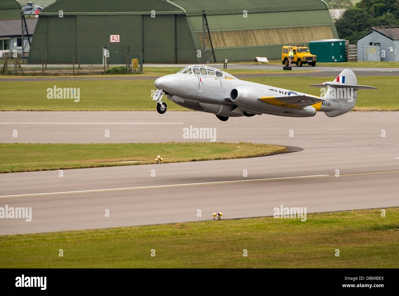 Gloster Meteor Jet WA591 flies over the runway at RNAS Culdrose (c) Bob ...