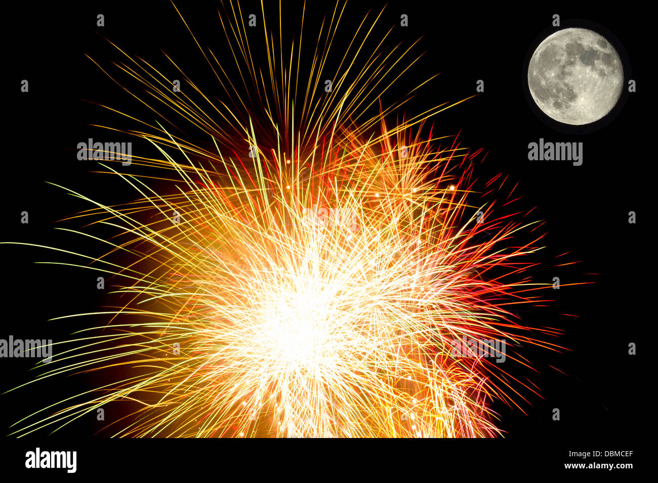 Amazing fireworks with the full moon in a dark night Stock Photo - Alamy