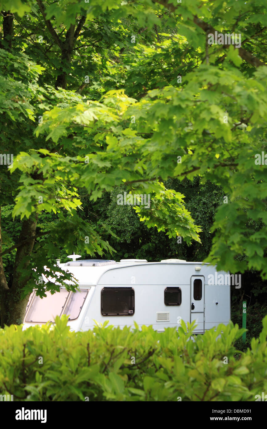 Caravan among trees in a campsite, North Wales Stock Photo - Alamy