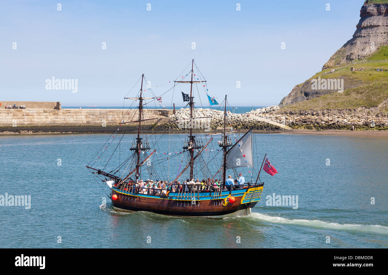 Whitby Pirate Ship the Bark Endeavor replica of Capt. Cook's Ship Stock ...