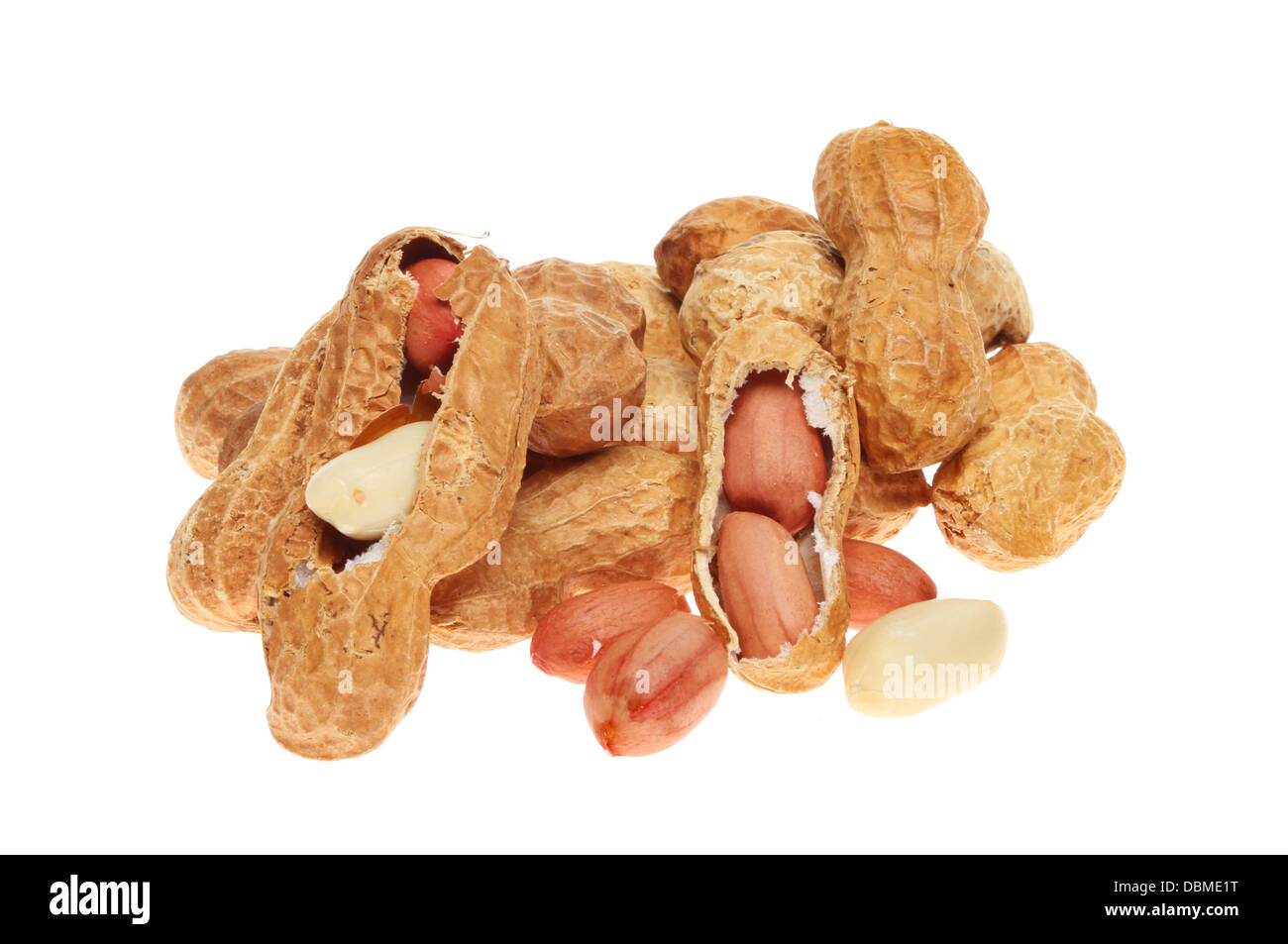 Roasted ground nuts shelled and shell on isolated against white Stock ...