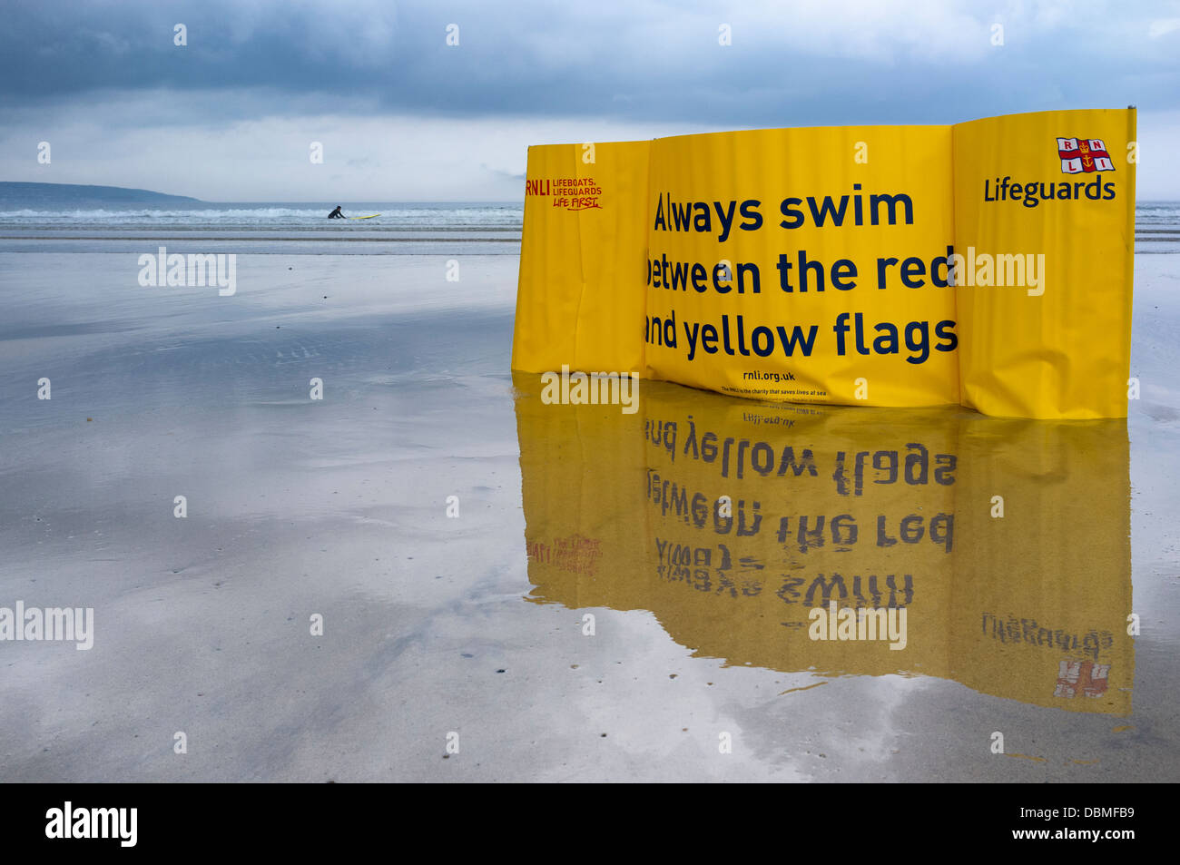 RNLI Lifeguards warning sign on Gwithian Beach, North Cornwall. Picture ...