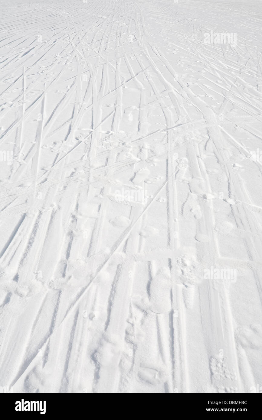 a lot of ski tracks pattern on white snow surface Stock Photo - Alamy