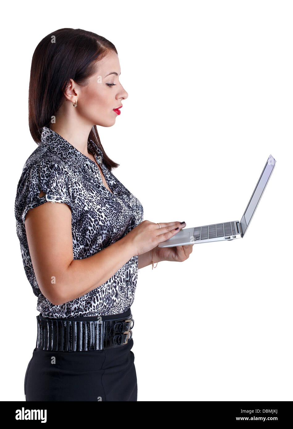 Girl with laptop isolated on white background Stock Photo - Alamy