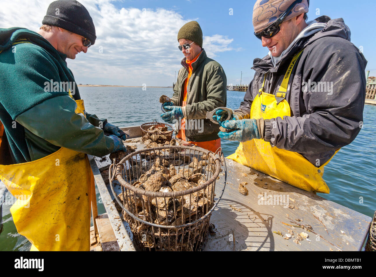 Three fisherman cleaning shell fish from their catch in the ocean Stock ...