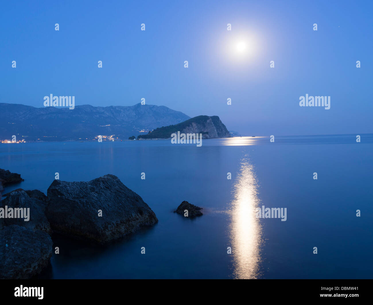 moonlight over St.Nikola island in Budva, Montenegro Stock Photo - Alamy