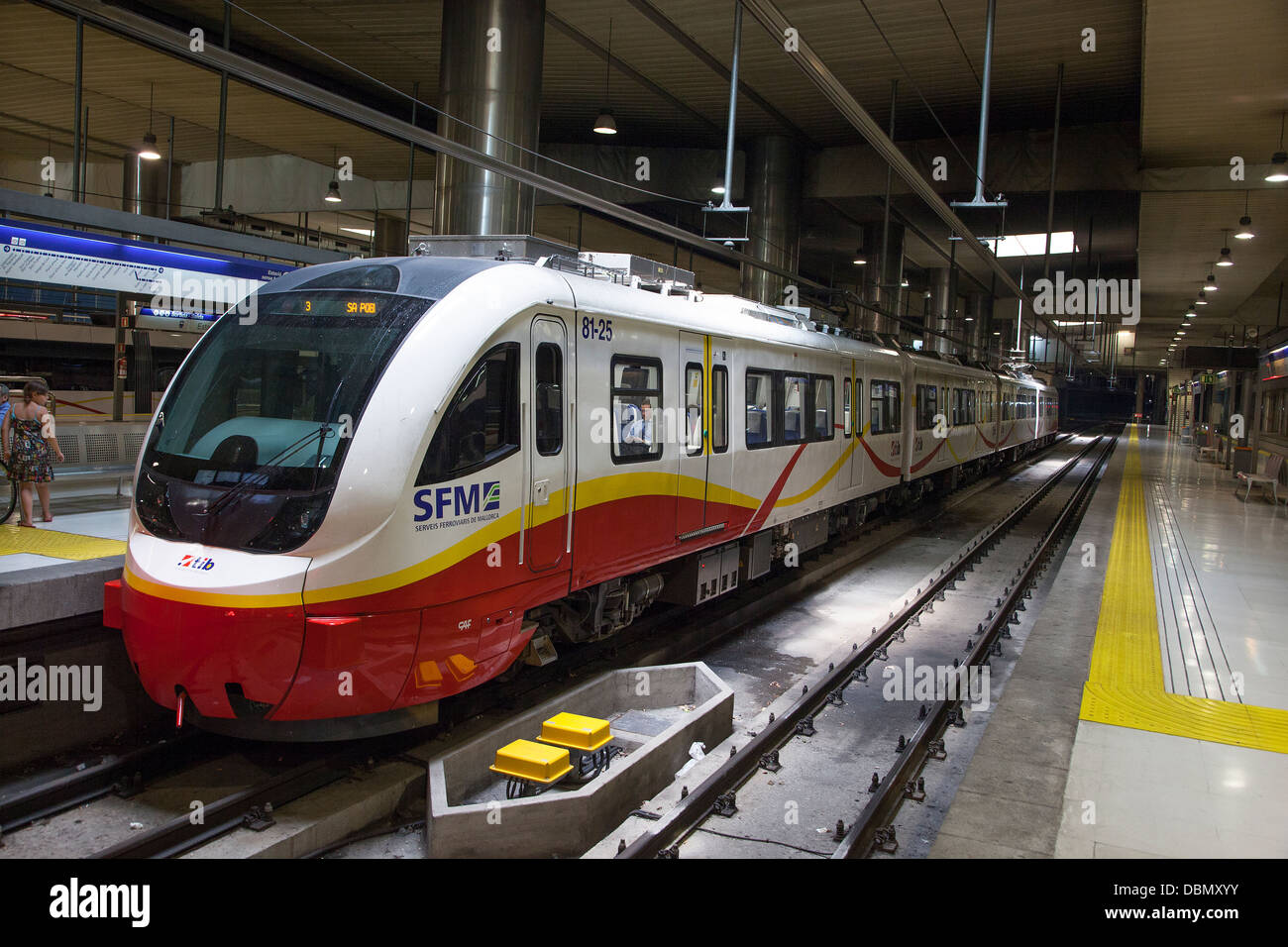 Commuter train at the Estacio Intermodal Train Station in Palma Majorca ...