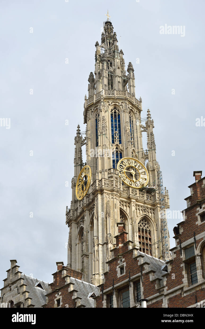 Clock tower of the Cathedral of Our Lady, Antwerp, Belgium Stock Photo ...