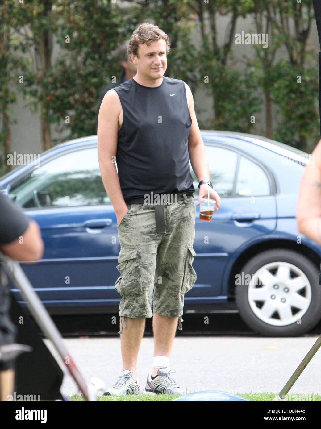 Jason Segel shooting a workout scene in a Santa Monica park while on ...