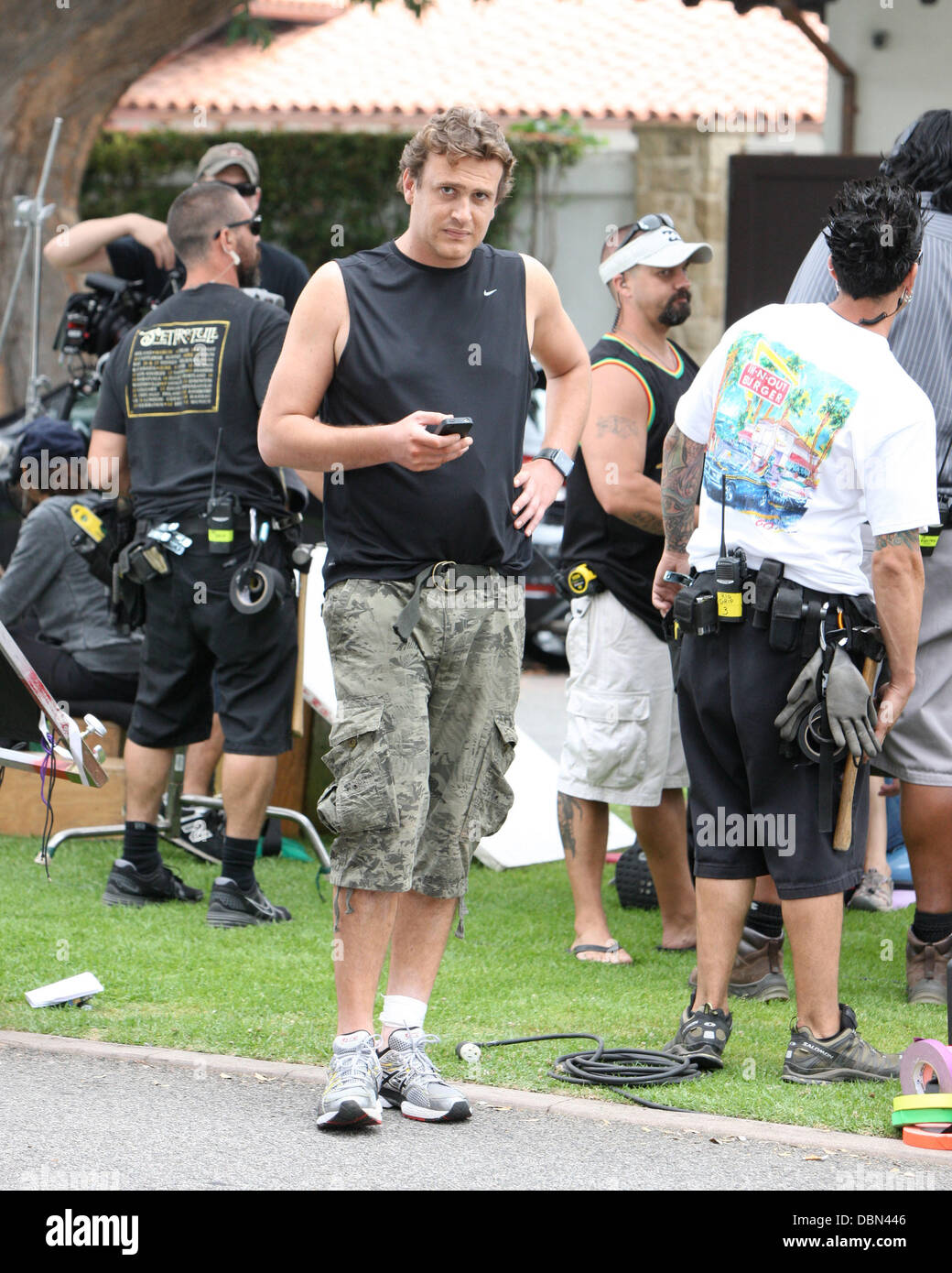 Jason Segel shooting a workout scene in a Santa Monica park while on ...